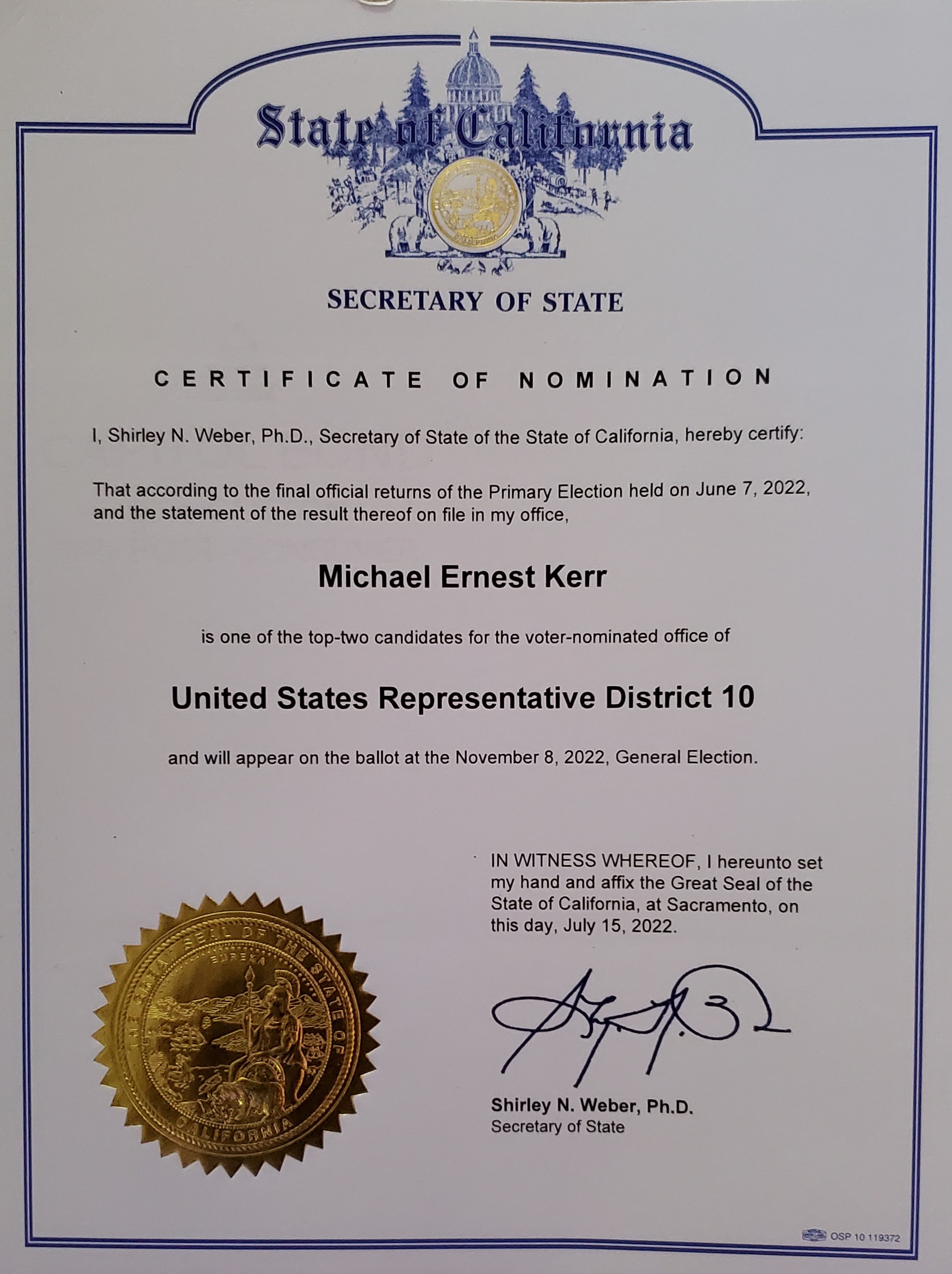 2022 Secretary of State Nomination Certificate of Michael E Kerr ...